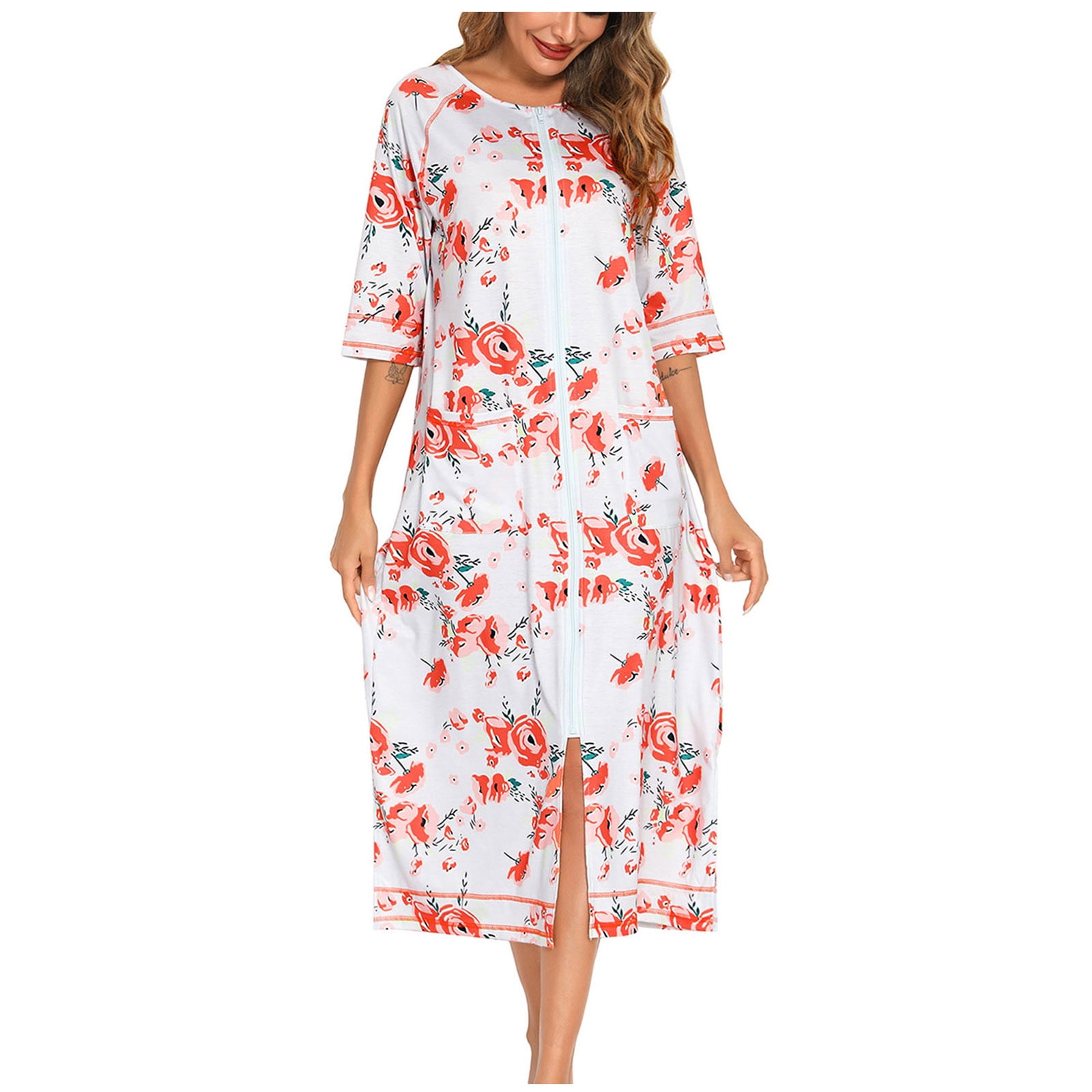 POIUYTR Women Zipper Front Nightgowns 3/4 Sleeves Loungewear Dress Full ...