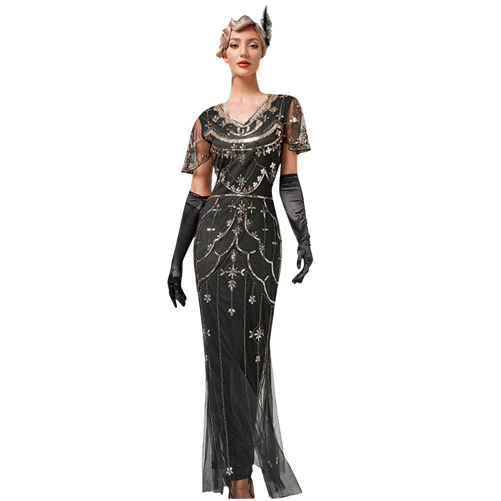 POIUYTR Women's 1920s Flapper Dress Short Sleeve Glitter Sequin ...