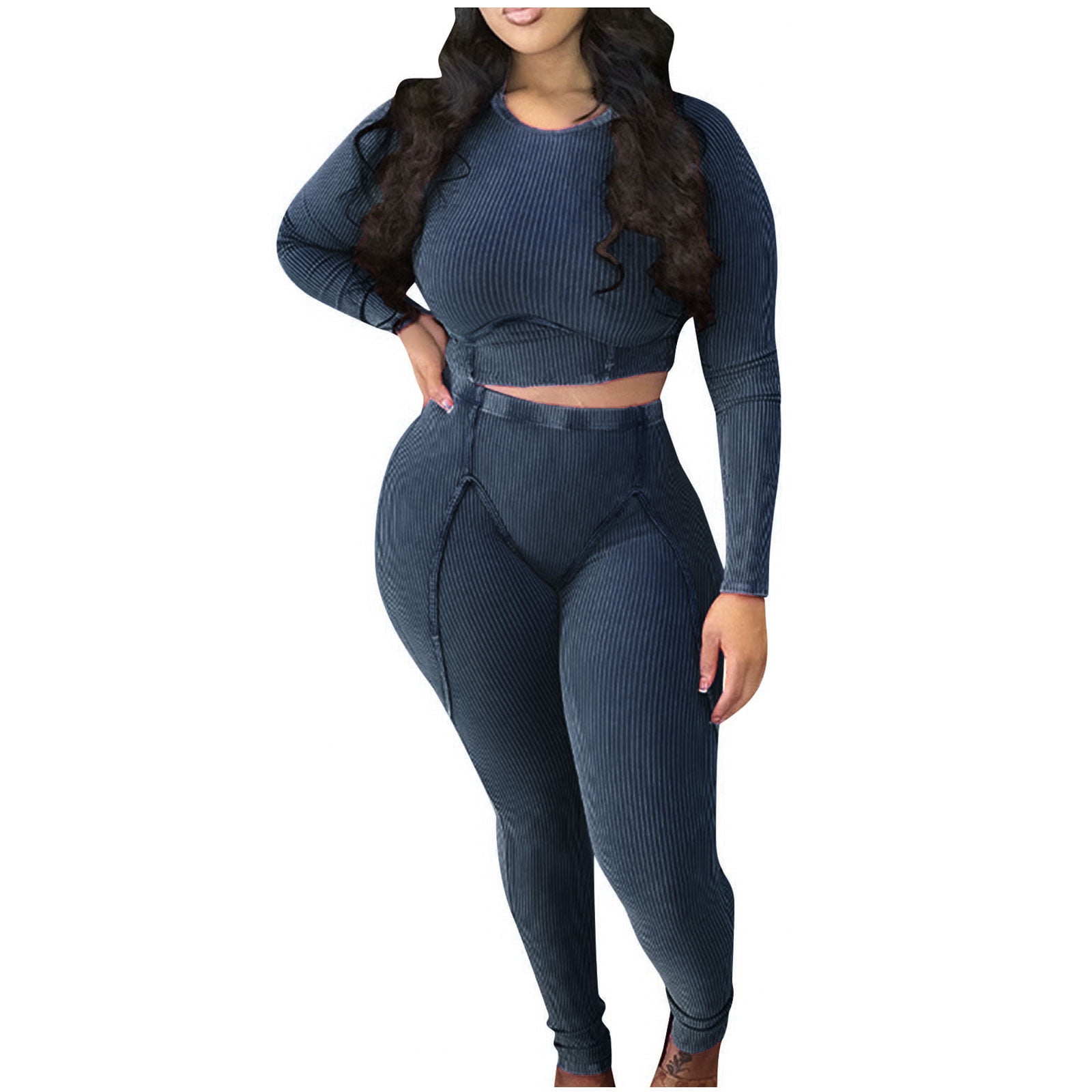 POIUYTR Women's 2 Piece Lounge Outfits Slim Long Sleeve Crewneck Crop ...