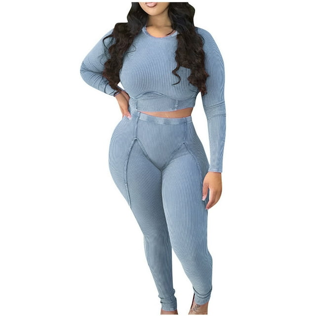 POIUYTR Women's 2 Piece Lounge Outfits Slim Long Sleeve Crewneck Crop ...
