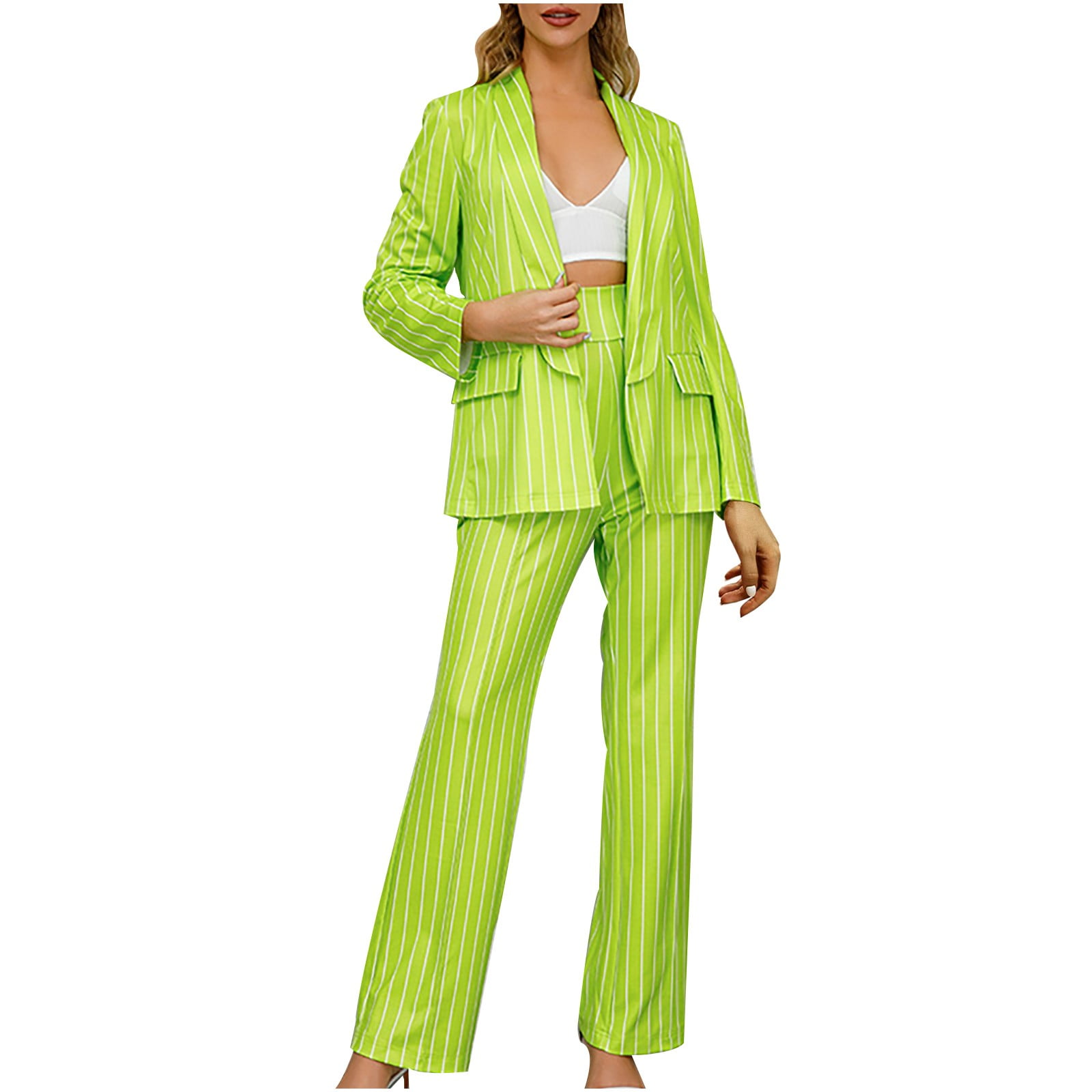 POIUYTR Women's 2 Piece Outfits Striped Blazer Jackets and High Waisted ...