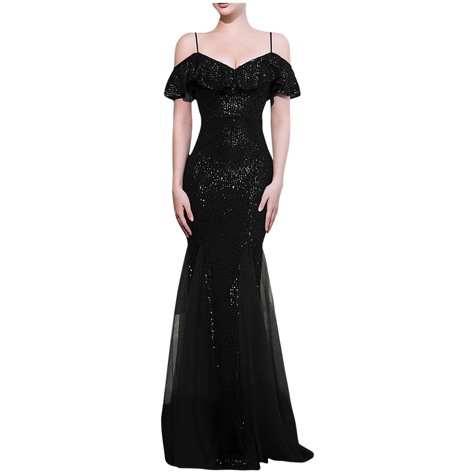 POIUYTR Women's Elegant Sleeveless Off Shoulder Sequin Prom Dresses ...