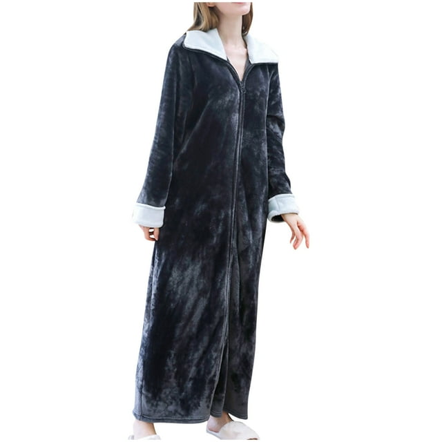 POIUYTR Women's Fleece Robes Plush Long Zip Up Front Bathrobe Winter ...