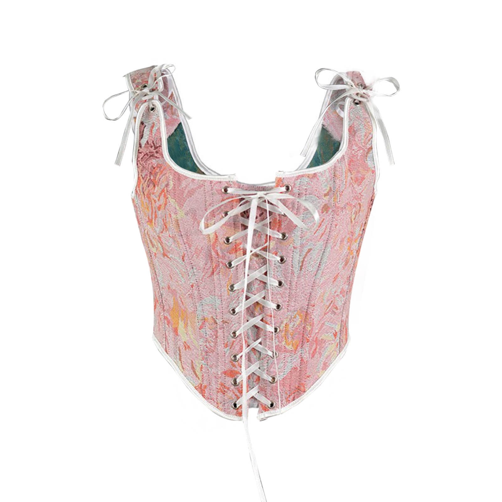 POIUYTR Women's Floral Renaissance Corset Top Vintage Tie Front Corset ...