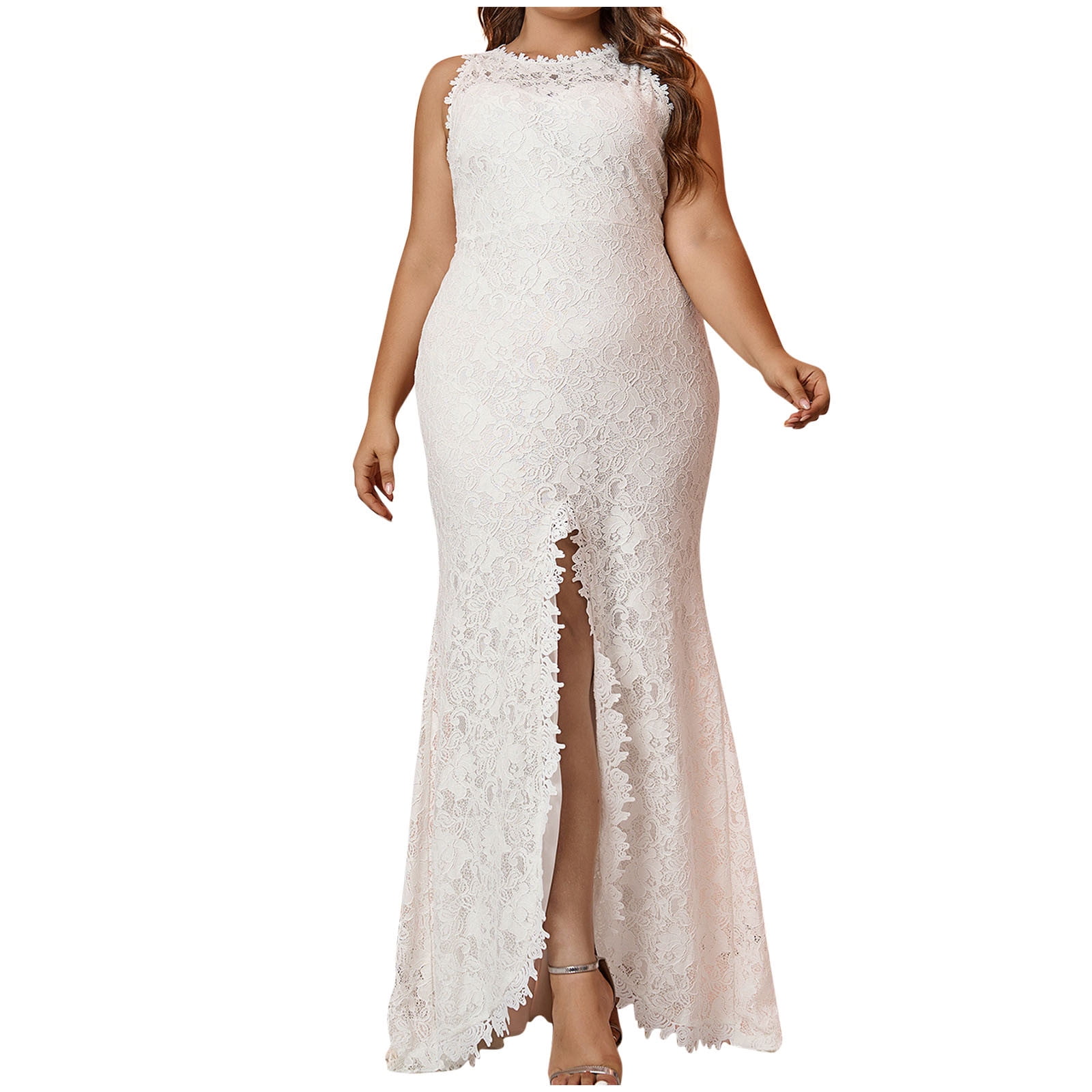 POIUYTR Women's Plus Size Wedding Prom Gown Dress Sleeveless Front ...