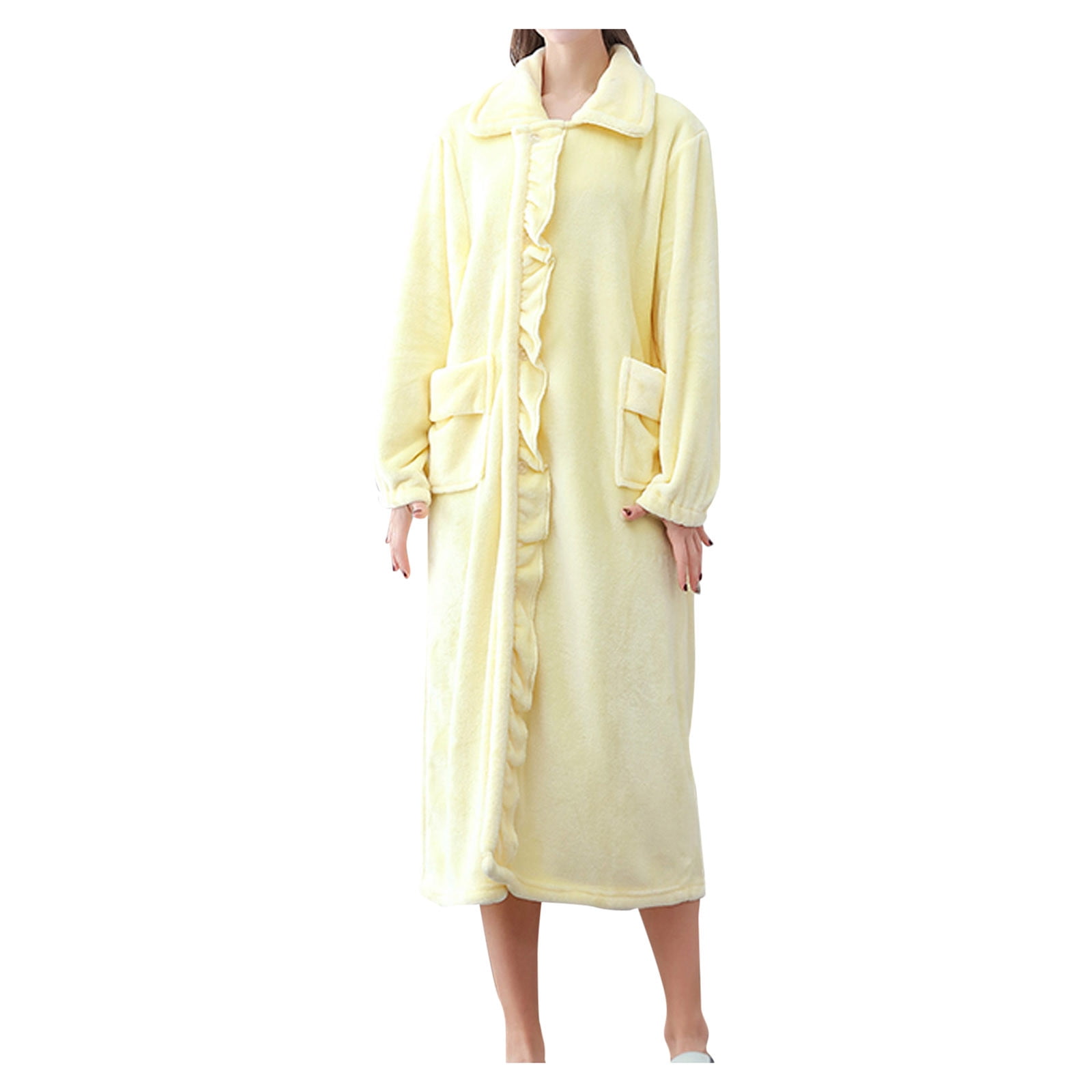 POIUYTR Women's Plush Long Robe Warm Soft Fleece Bathrobe Button Up ...