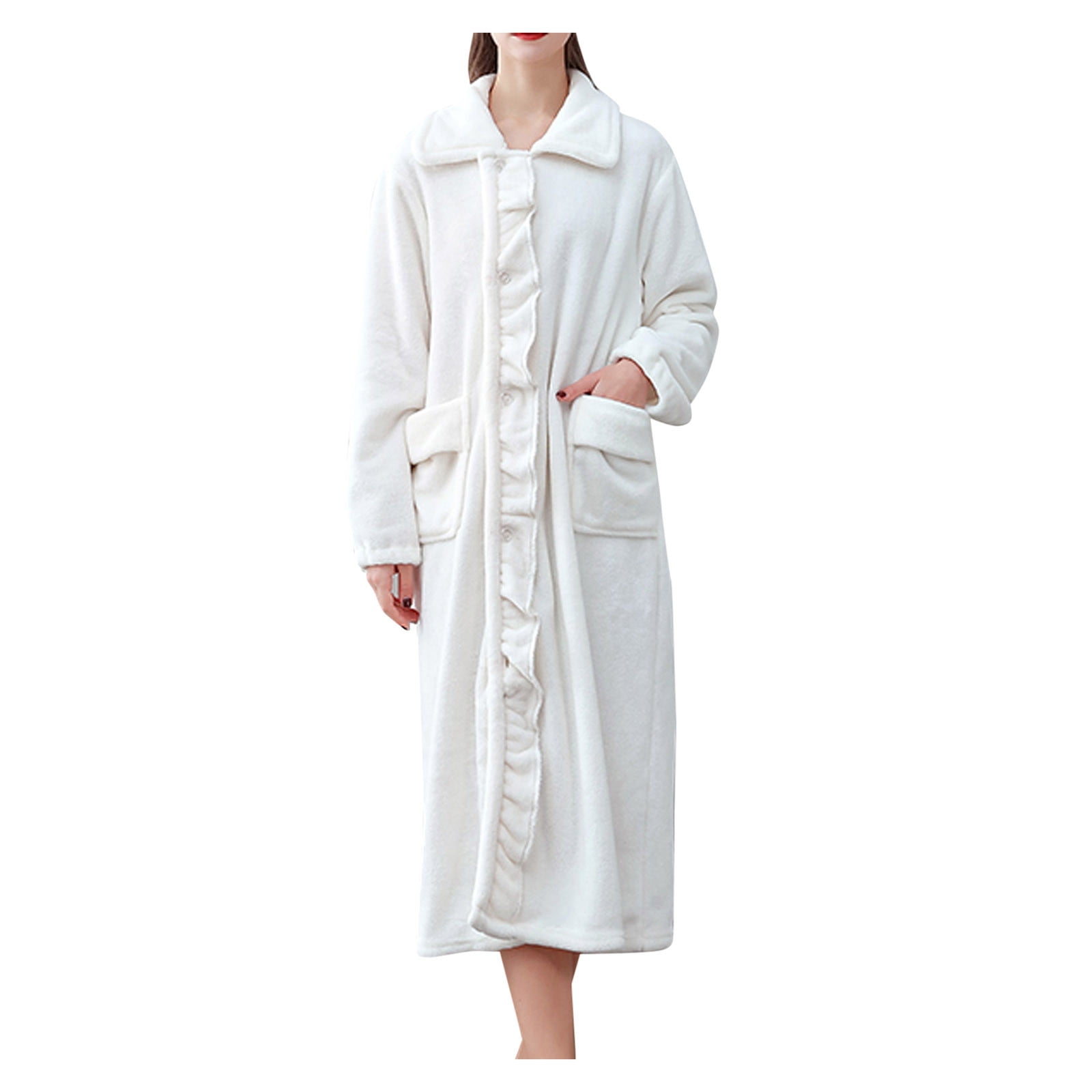 POIUYTR Women's Plush Long Robe Warm Soft Fleece Bathrobe Button Up ...