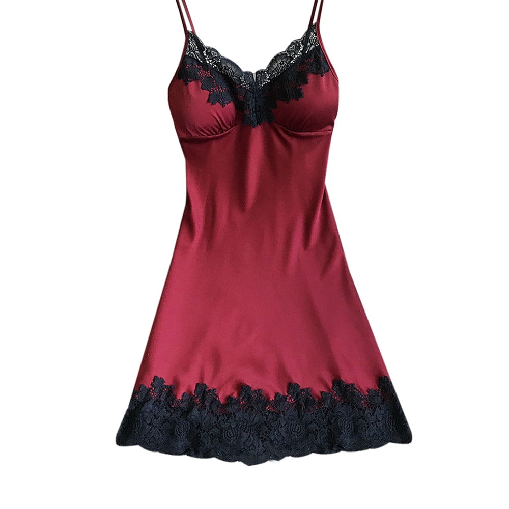 POIUYTR Women's Satin Nightgown V-Neck Lace Chemise Sleepwear Silk ...