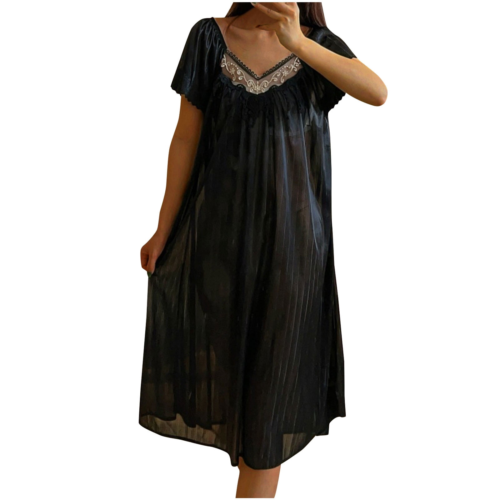 POIUYTR Women's Satin Silk Pleated Nightgown Loose Fit Sleepwear Soft ...