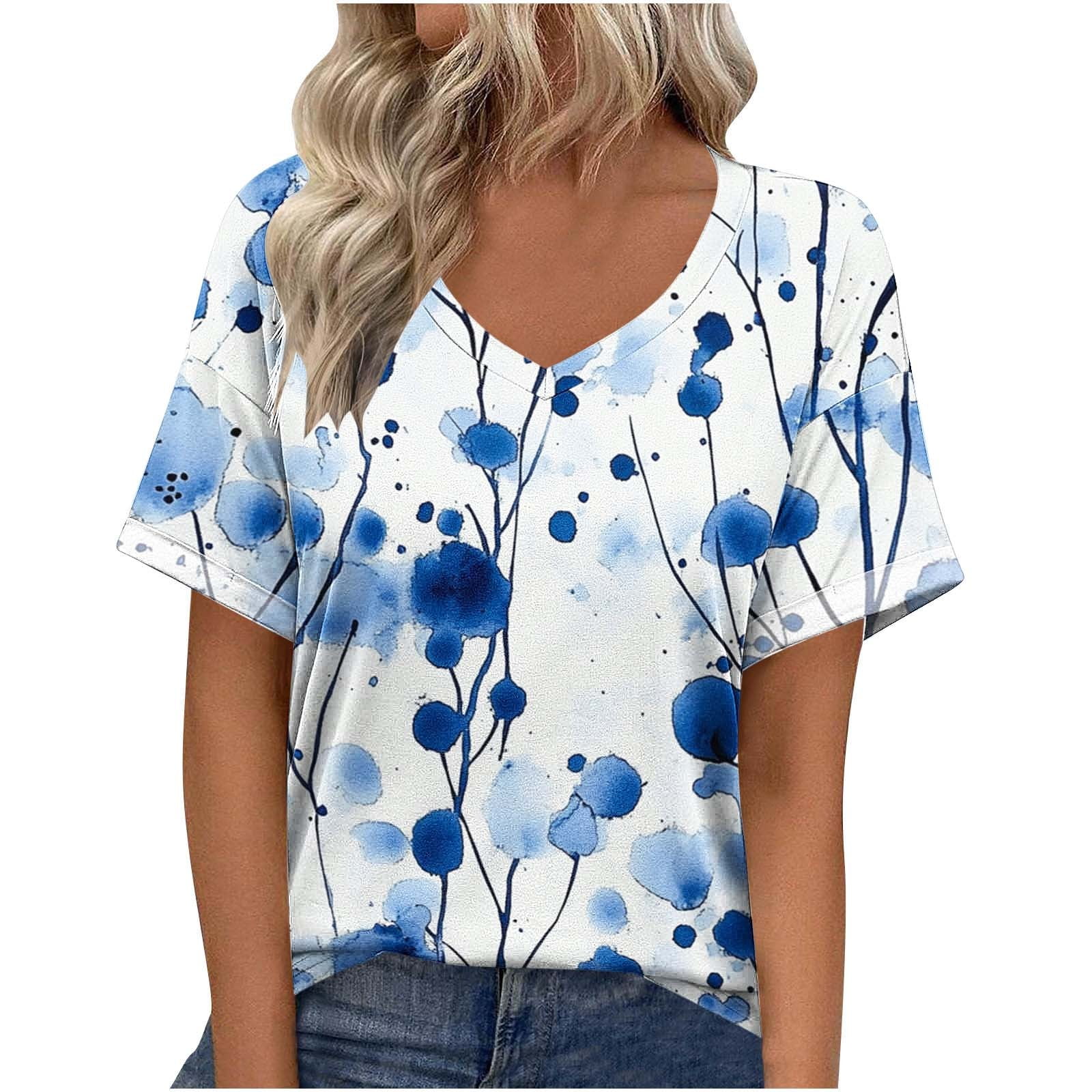 POIUYTR Women's Short Sleeve V-Neck T-Shirt Loose Casual Basic Tee ...