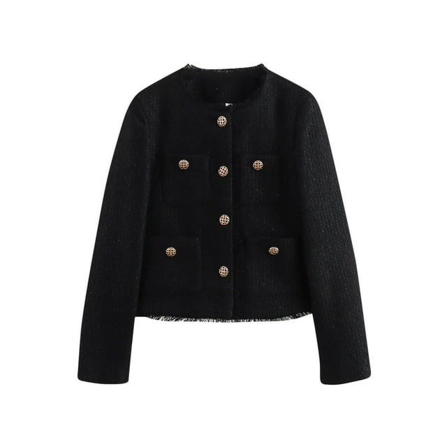 POIUYTR Women's Tweed Jacket Round Neck Button Down Fringed Tassel Crop ...