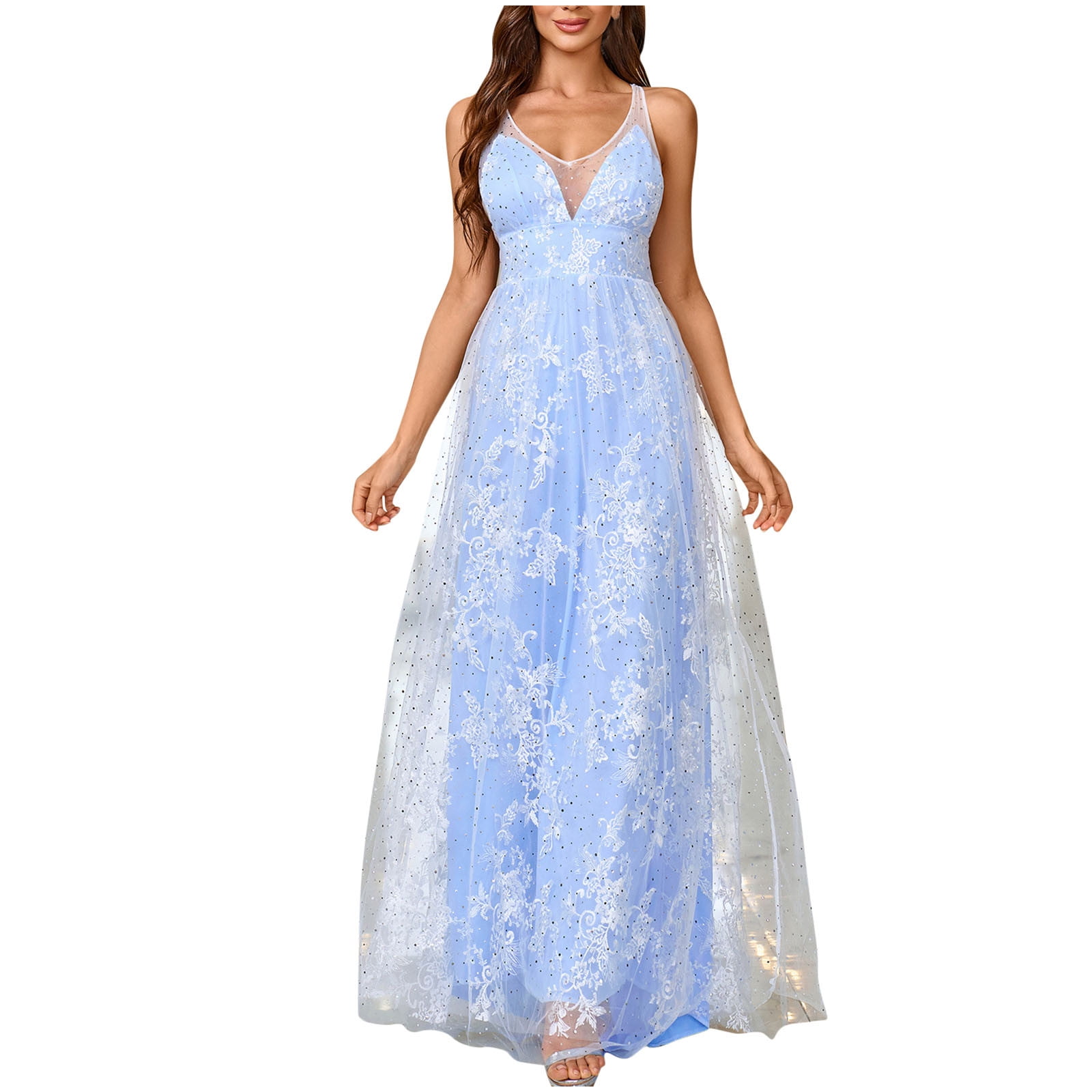POIUYTR Women's V Neck Sleeveless Lace Maxi Wedding Dress Boho Brides ...