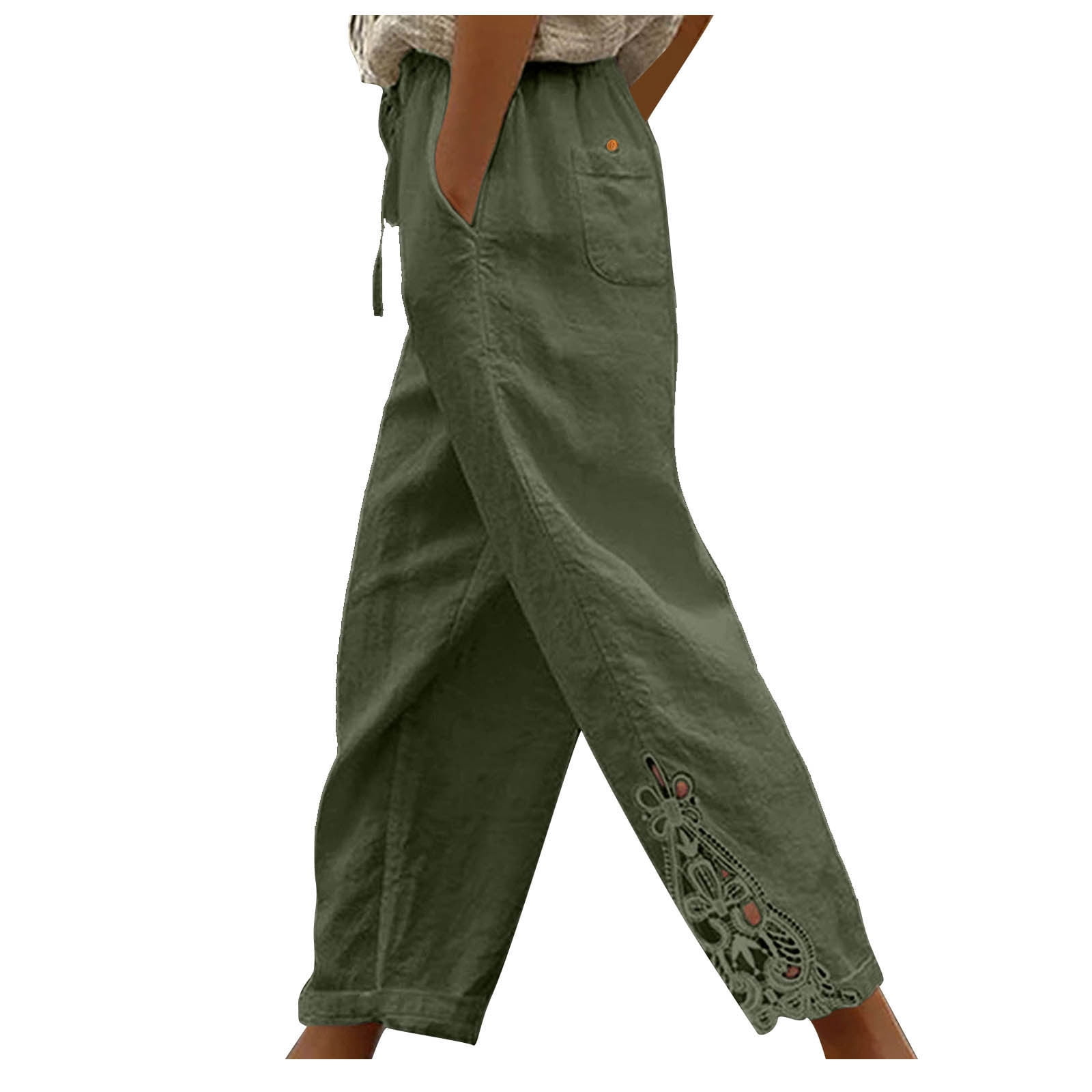 POIUYTR Womens Cotton Linen Pants High Elastic Waist Drawstring Cropped ...