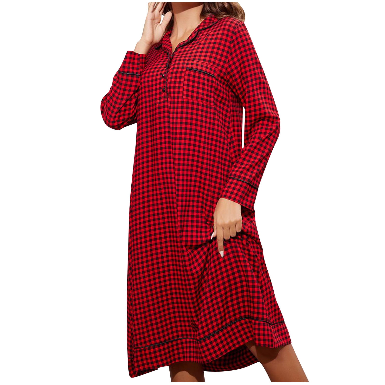 POIUYTR Womens Long Sleeve Nightgown Plaid Holiday Sleepwear Soft ...