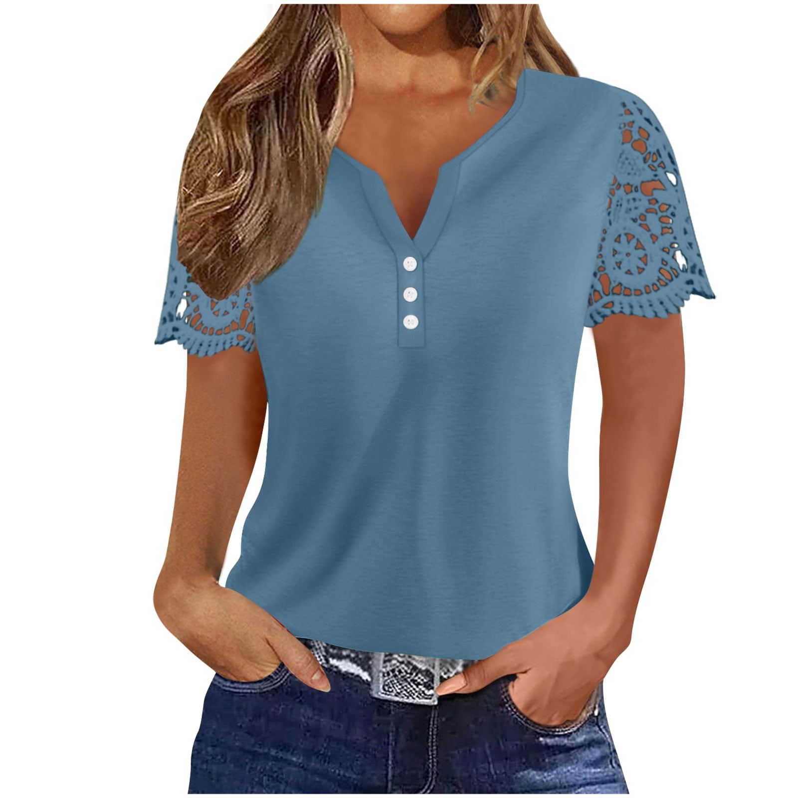 POIUYTR Womens Summer Tops Lace Short Sleeve V-Neck Button T Shirts ...