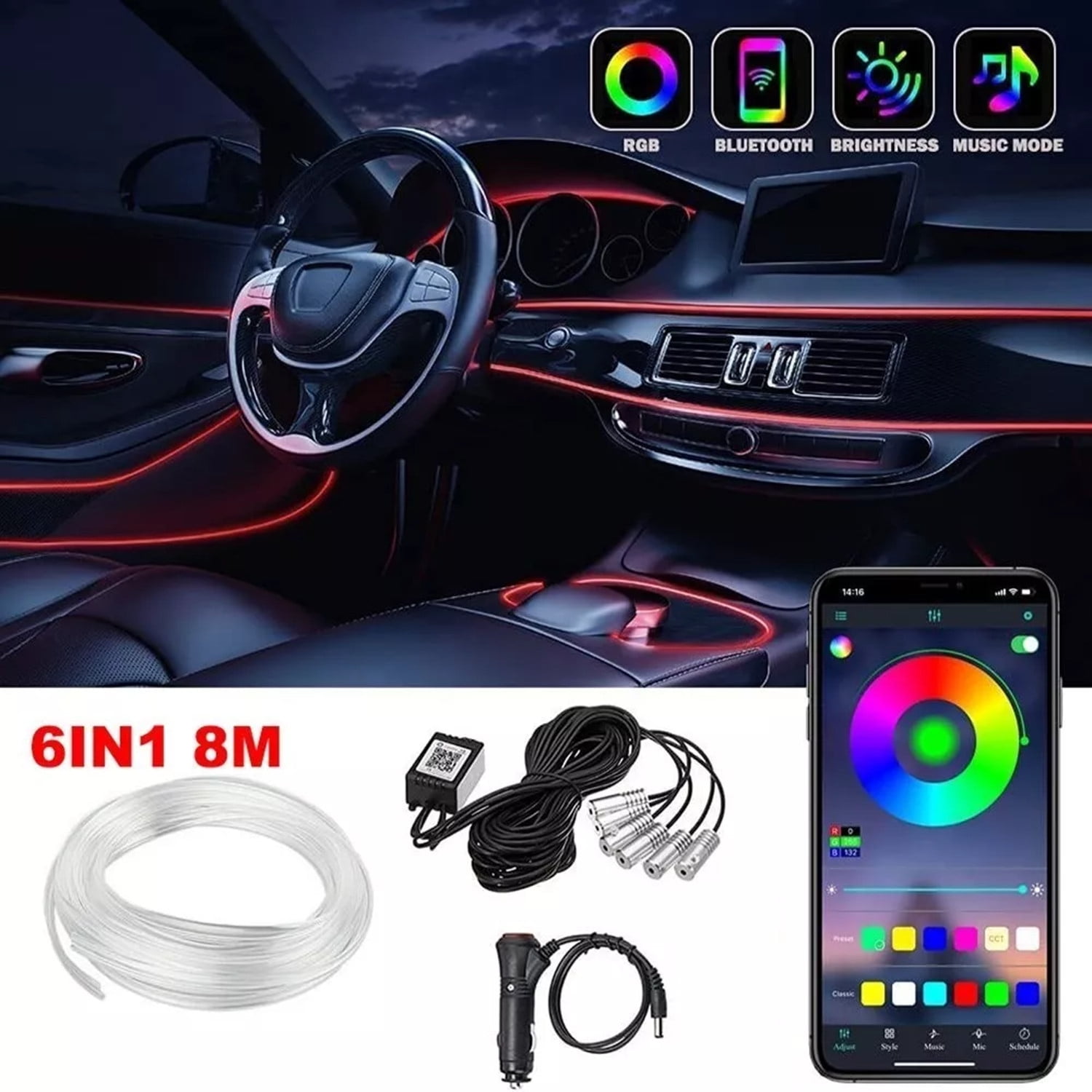 POLARPRA 1pcs car atmosphere lamp APP controls cigarette lighter to ...