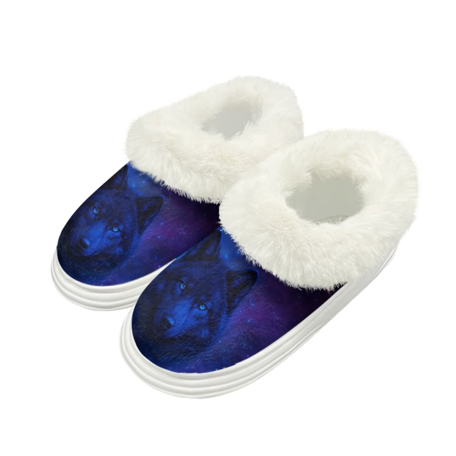 POLERO Blue Wolf Print House Slippers for Women Indoor Warm Fuzzy ...