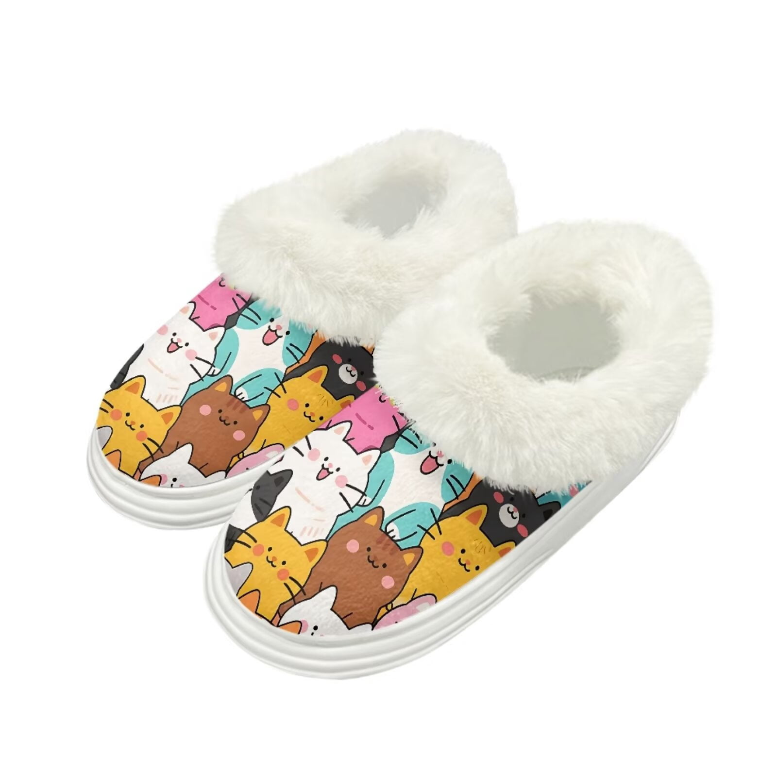 POLERO Cartoon Cats Print Slippers for Women Indoor Non-Slip, Fuzzy ...