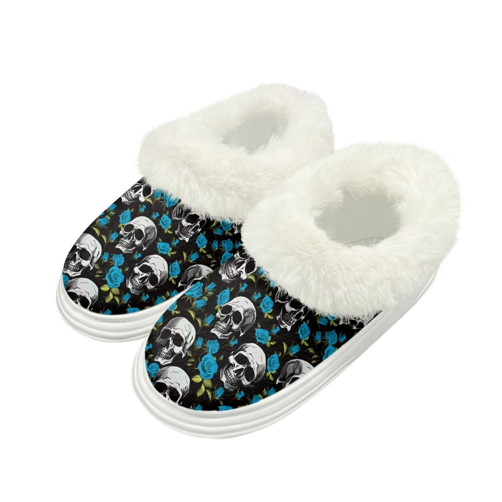 POLERO Gothic Skull Blue Rose Print Slippers for Women Thick Sole House ...