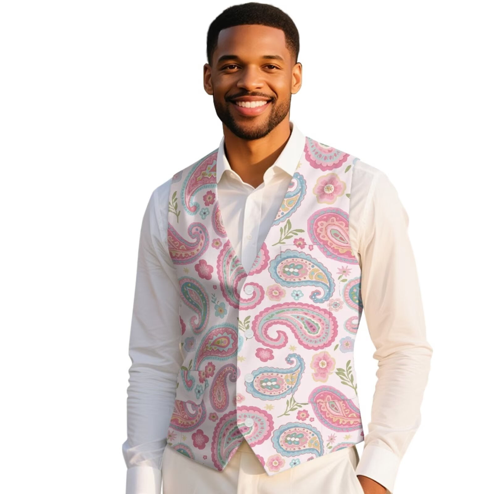 POLERO Men Floral Leaves Print Suit Vest Waistcoat Business Sleeveless ...
