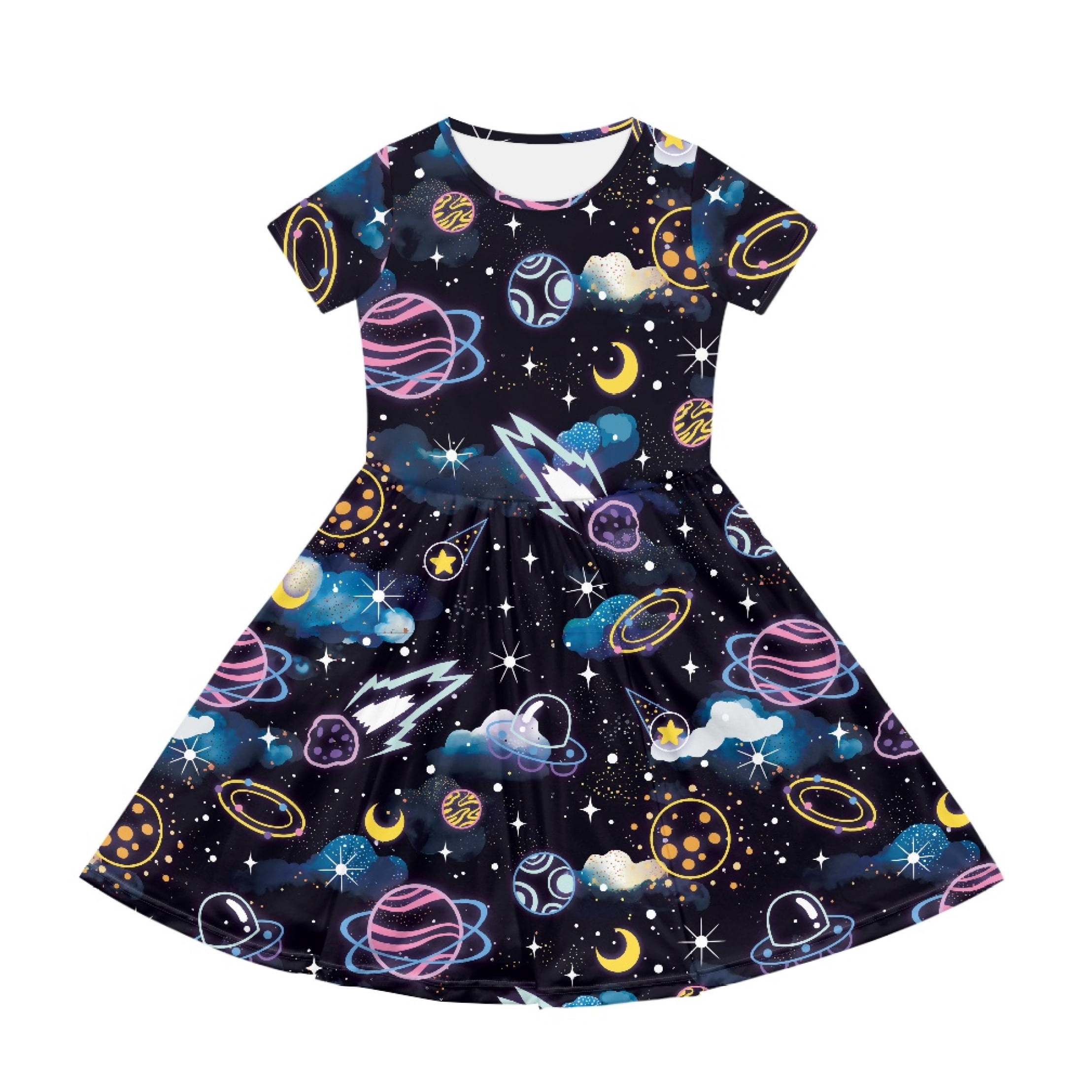 POLERO Space Planet Rocket Design Girls Short Sleeve Casual Dress ...