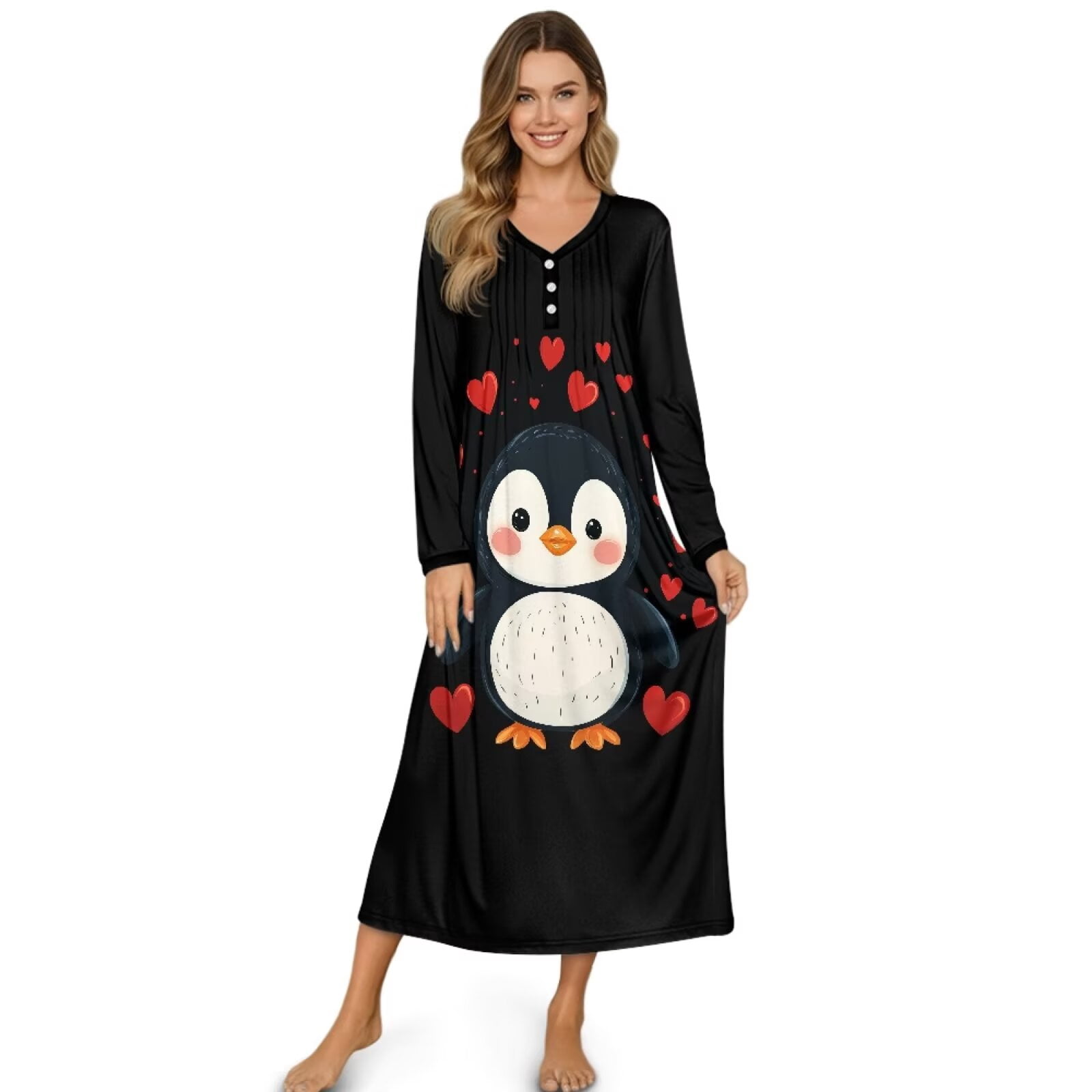 POLERO Women Cute Penguin Print Long Sleeve Nightgowns V Neck Long ...
