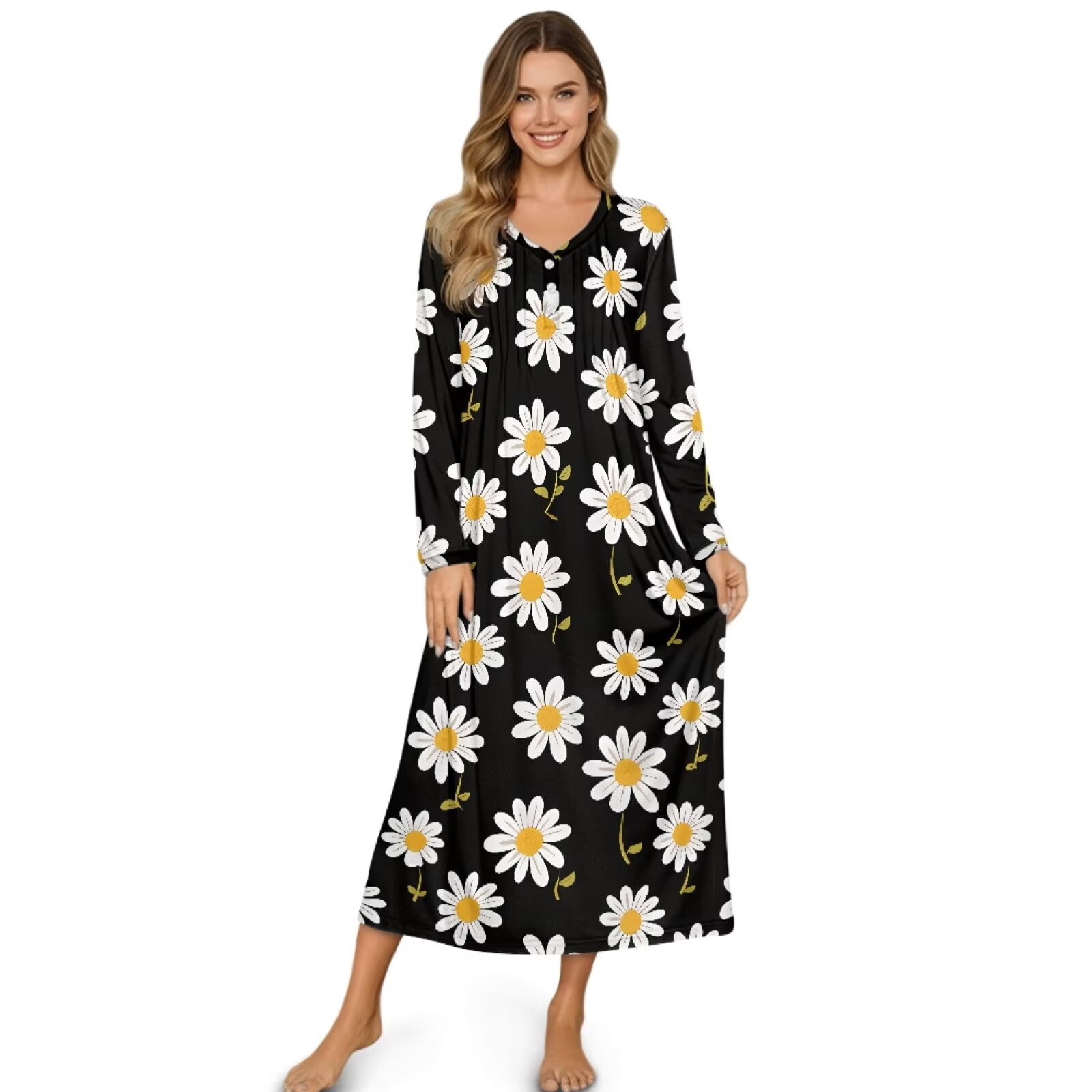 POLERO Women White Daisy Flower Print Long Sleeve Nightgowns V Neck ...
