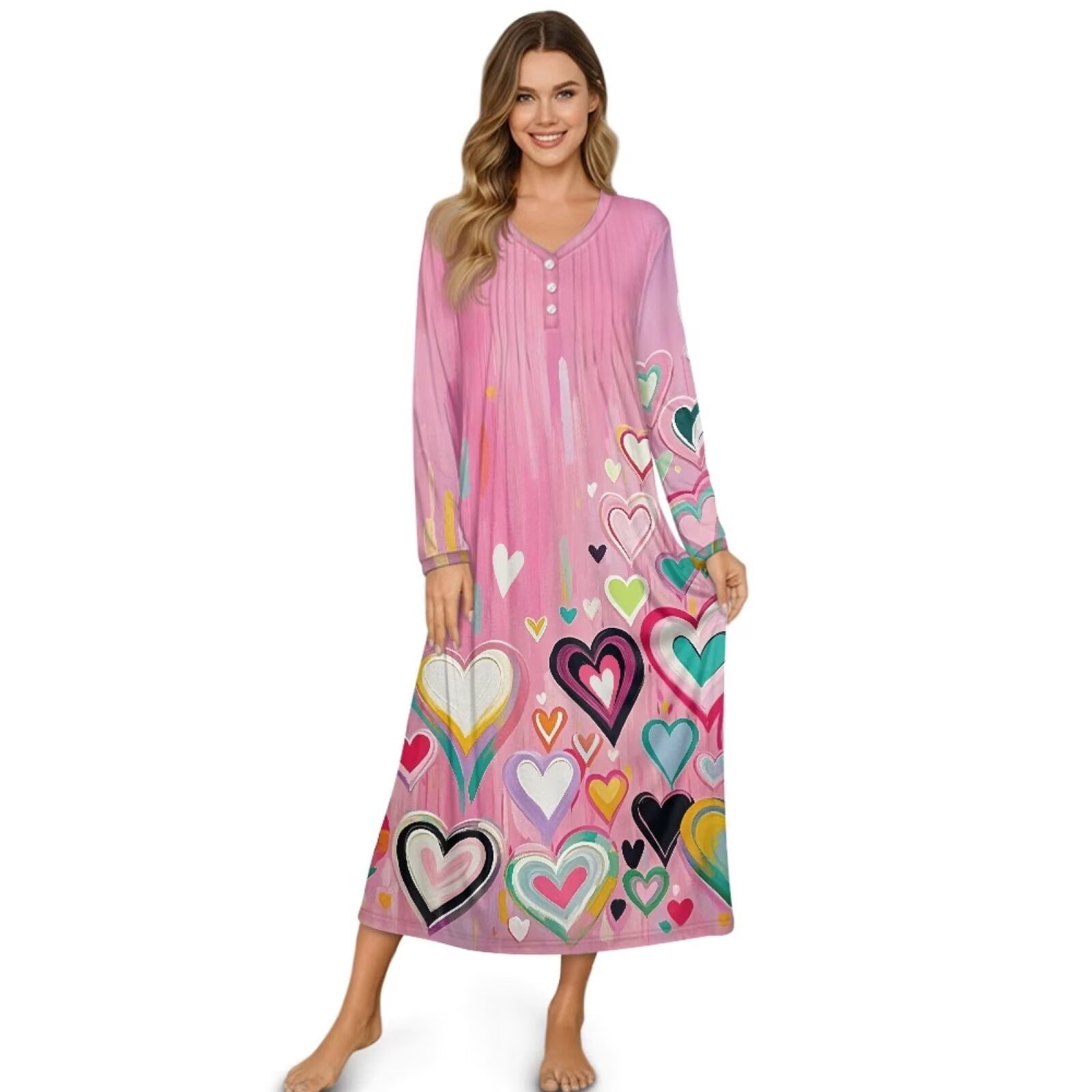 POLERO Women's Pink Lovely Hearts Print Nightgown Long Sleeve - Soft ...