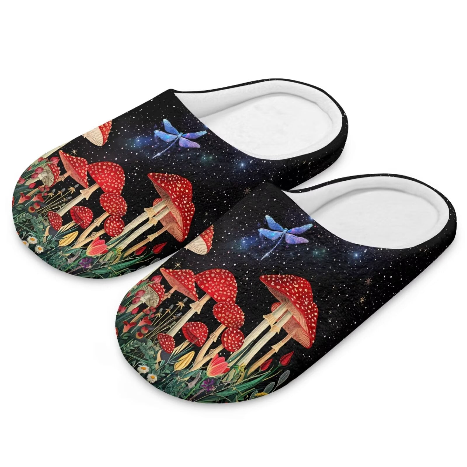 POLERO Women's Slippers Mushroom Dragonfly Night Print Fuzzy House ...