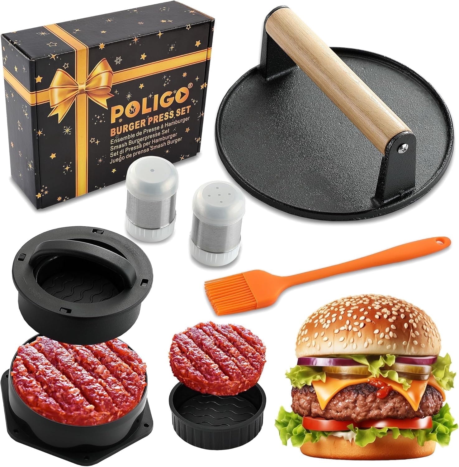 POLIGO Smash Burger Press Kit - 4 in 1 Hamburger Patty Storage ...