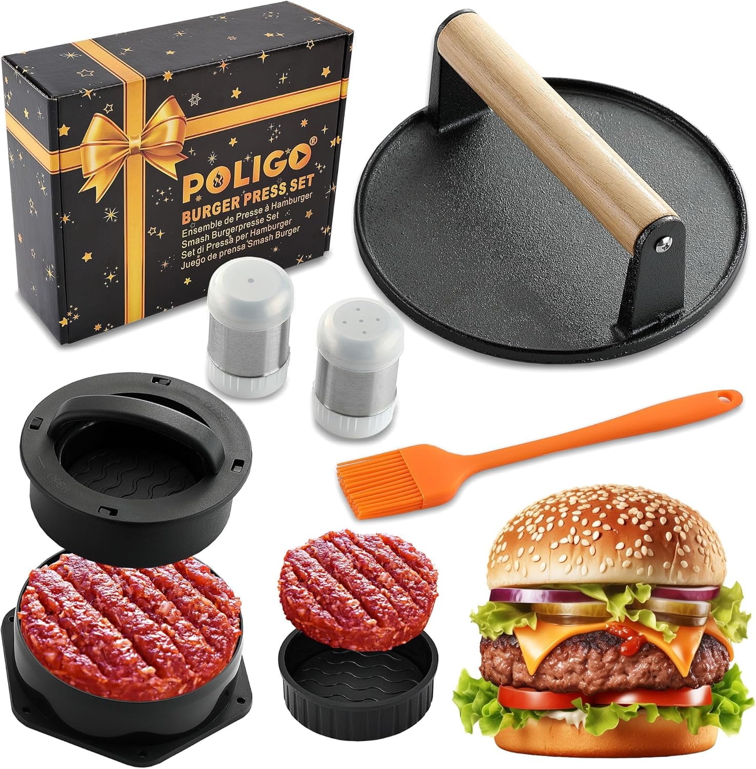 POLIGO 5PCS Smash Burger Press Kit - 4 in 1 Hamburger Patty Storage ...
