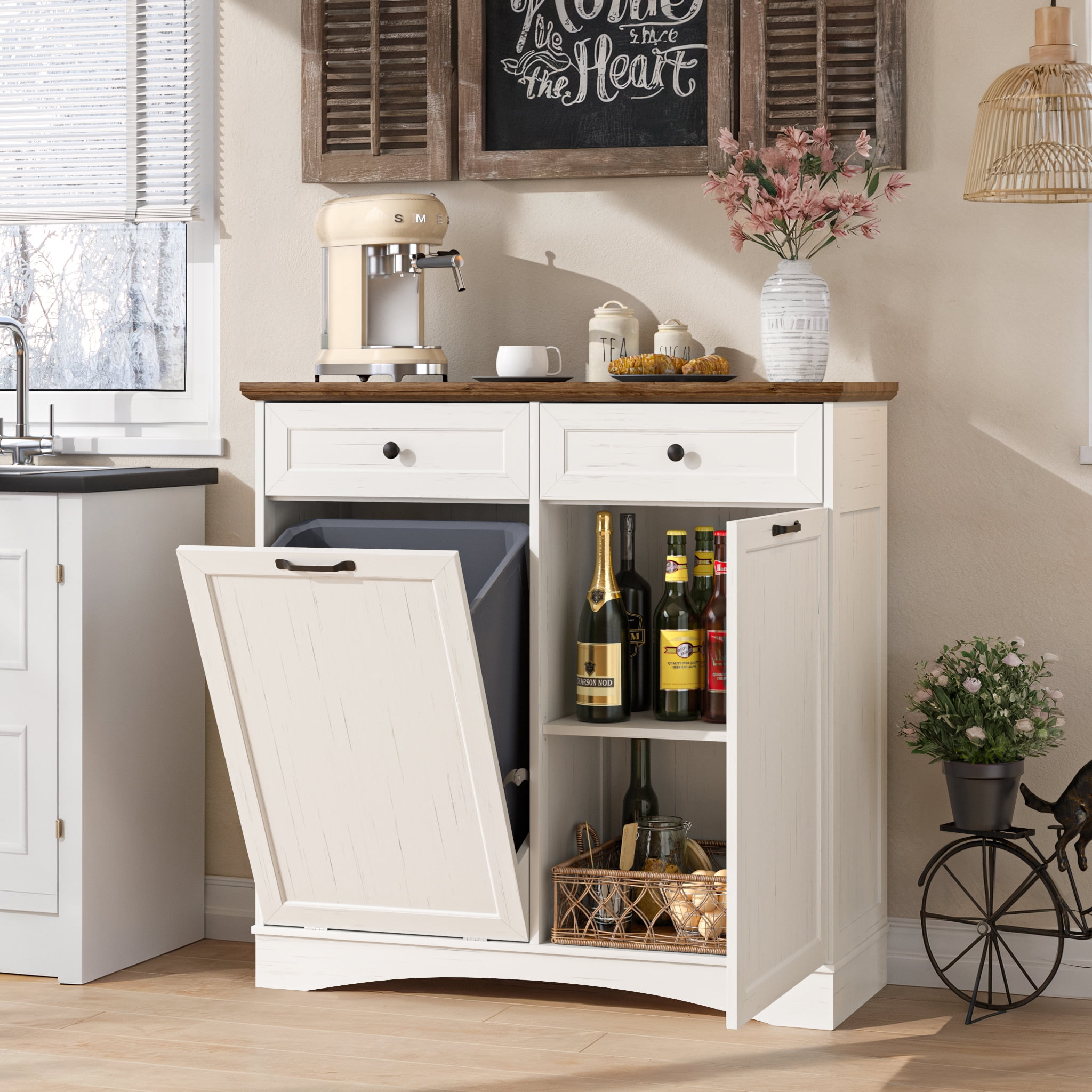 POLIHOME 10 Gallon Trash Can Cabinet, Laundry Storage Cabinet with Drawer, White - Walmart.com