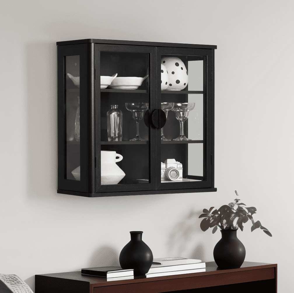 POLIHOME Black Tempered Glass Display Wall Storage Cabinet,Storage Cabinet with Adjustable ...