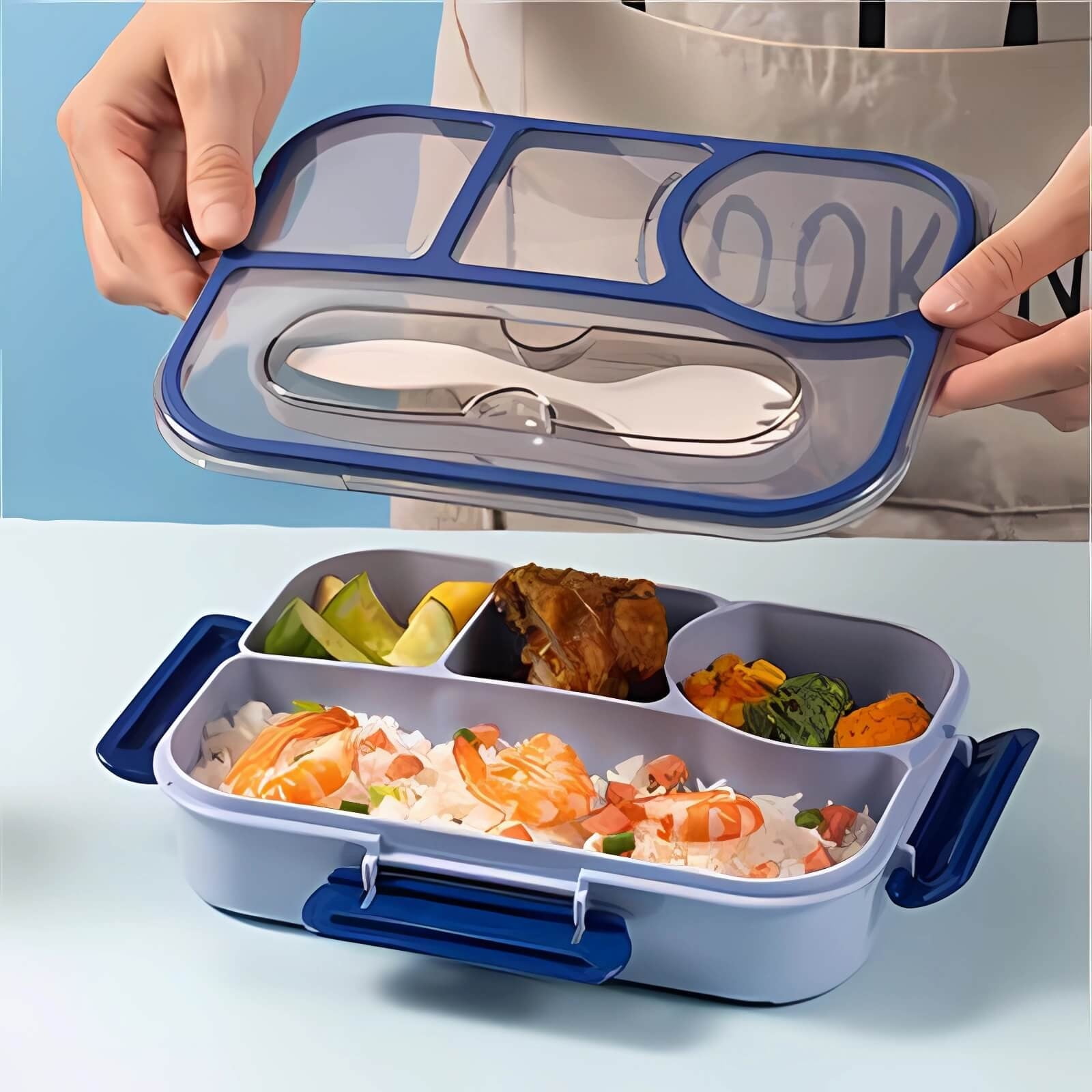 TUITOONM Blue Divided Lunch Box with Utensils, 9.1x6.8x2.0 Inches Leak ...