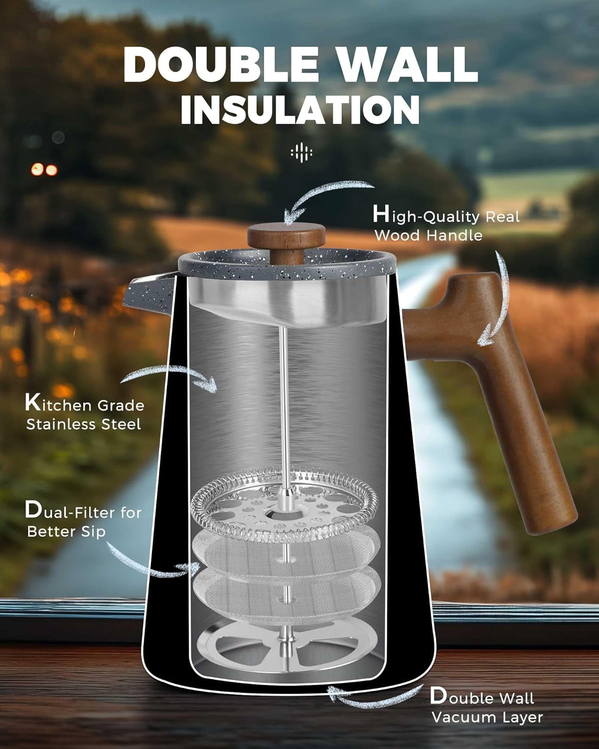 POLIVIAR French Press Coffee Maker, 34 oz Coffee Press with Real Wood ...