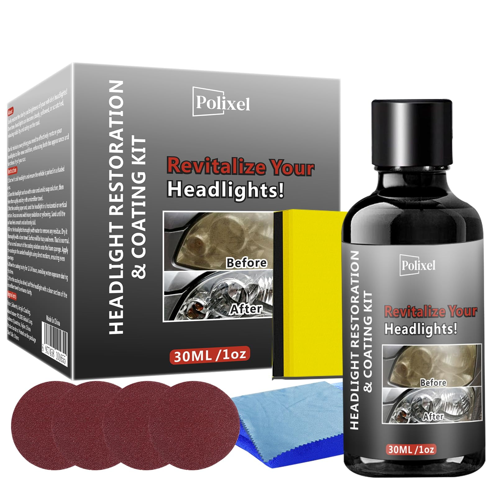 POLIXEL Car Headlight Restoration Kit, Crystal Coating Headlamp Removal ...