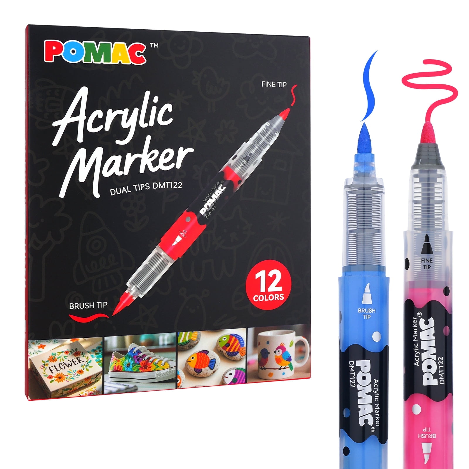POMAC Dual Tip Acrylic Paint Markers Pens 12 Assorted Colors, Direct ...