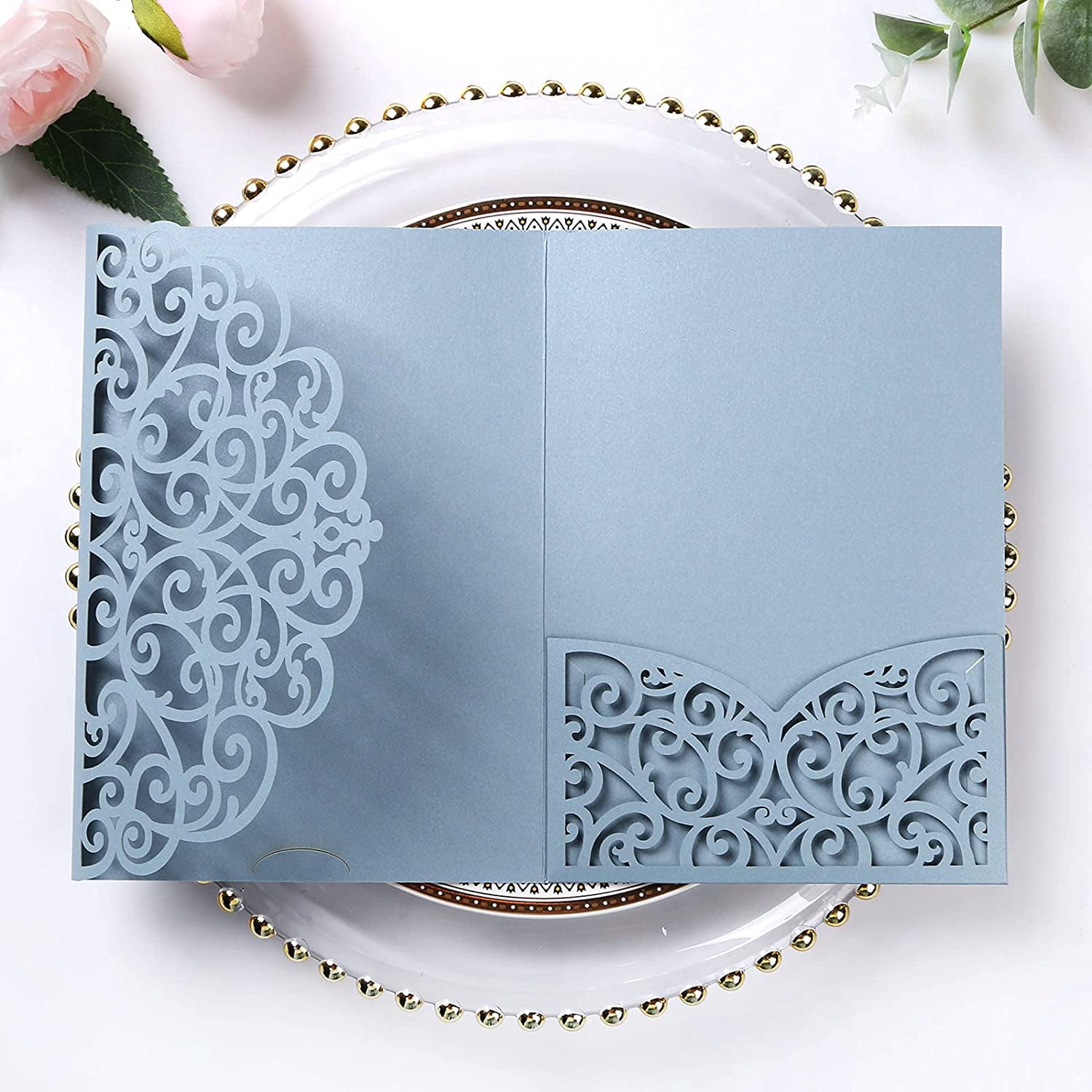 PONATIA 5.12 x 7.2 Laser Cut Invitation Pocket, 20PCS Tri-Fold 5 x 7 ...