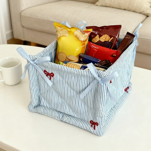 PONPRNGY Cute Blue-White Gingham Quilted Cotton Storage Basket, Ribbon ...