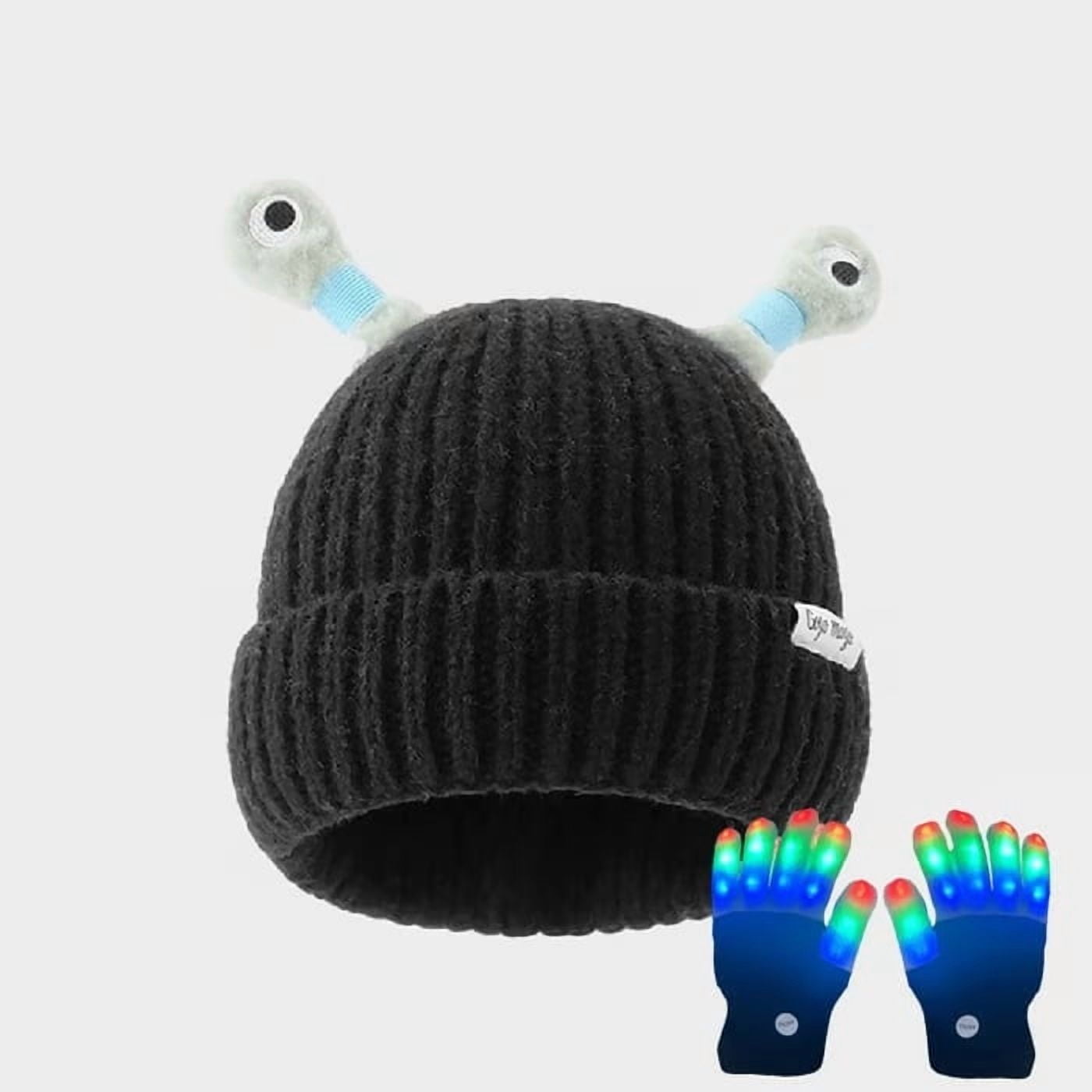 PONPRNGY Winter Parent-Child Cute Glowing Knit Hat with Light Up Gloves ...