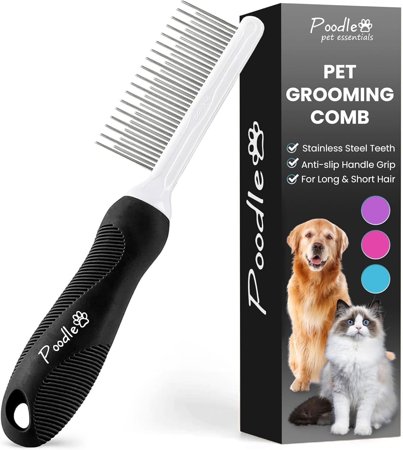 Poodlie Metal Pet Grooming Comb for Dogs and Cats, Stainless Steel ...