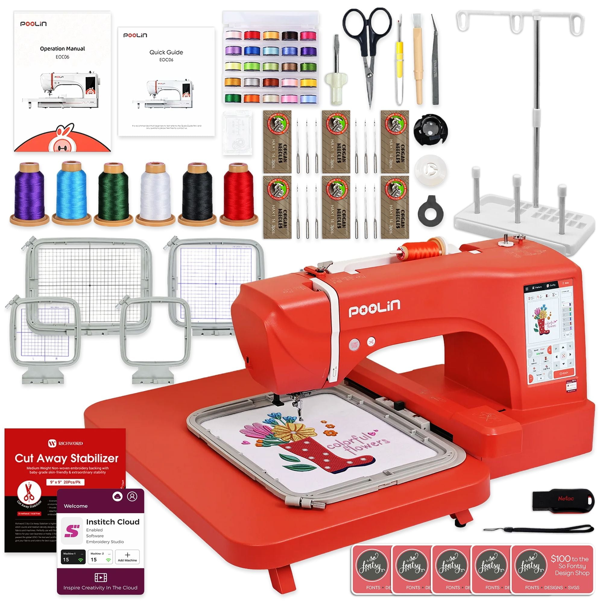 POOLIN EOC06 7.9in x 11in Computerized Embroidery Machine - Red ...