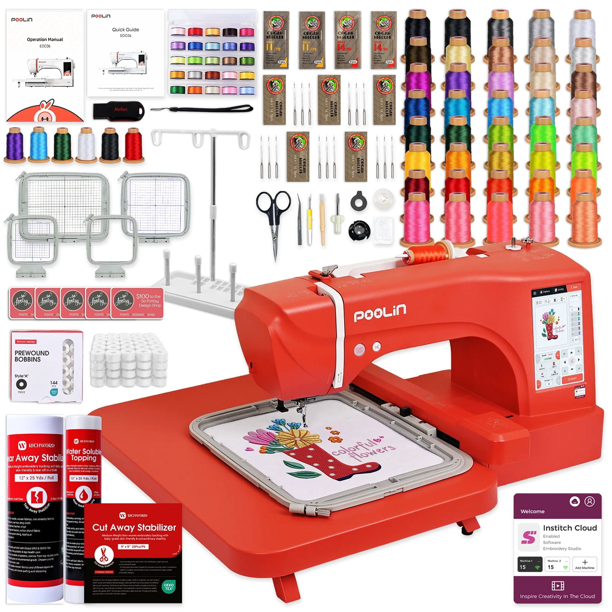 POOLIN EOC06 7.9in x 11in Embroidery Machine Deluxe Bundle - Red ...