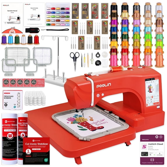POOLIN EOC06 7.9in x 11in Embroidery Machine Deluxe Bundle - Red ...
