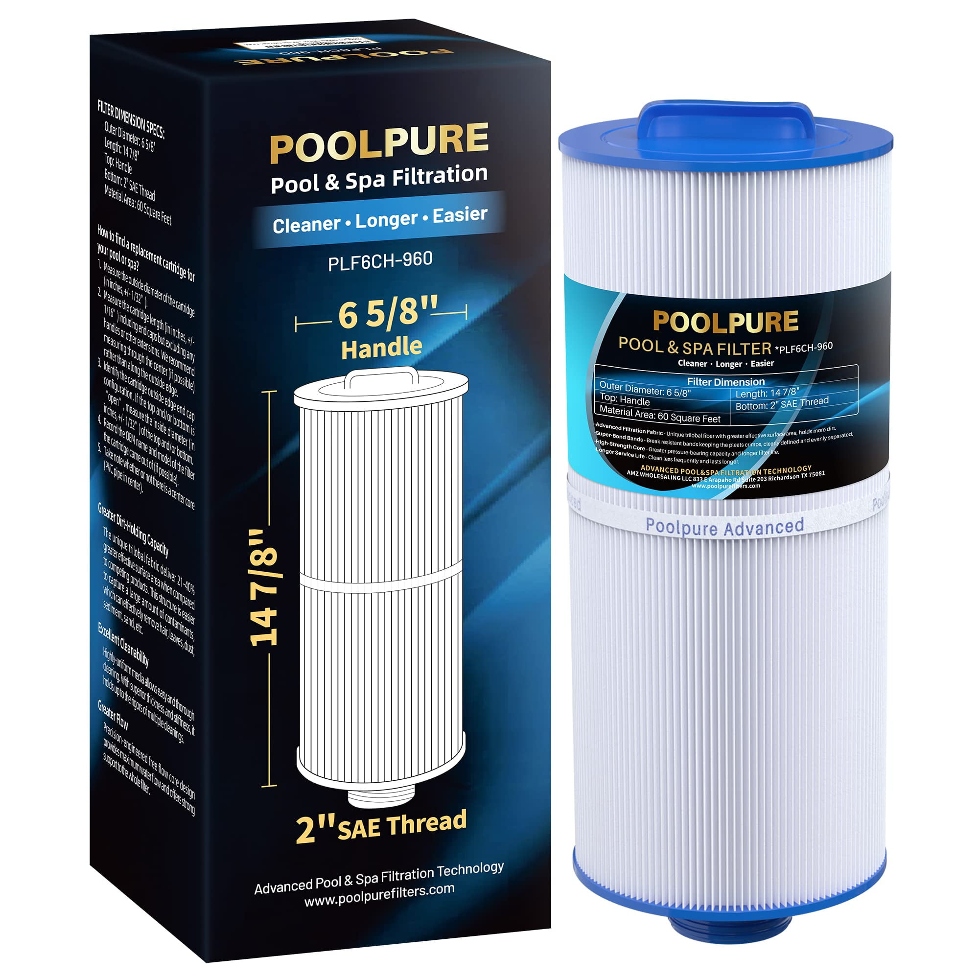 POOLPURE PLF6CH-960 Spa Filter Replaces PJW60TL-F2S, Jacuzzi Filters J ...