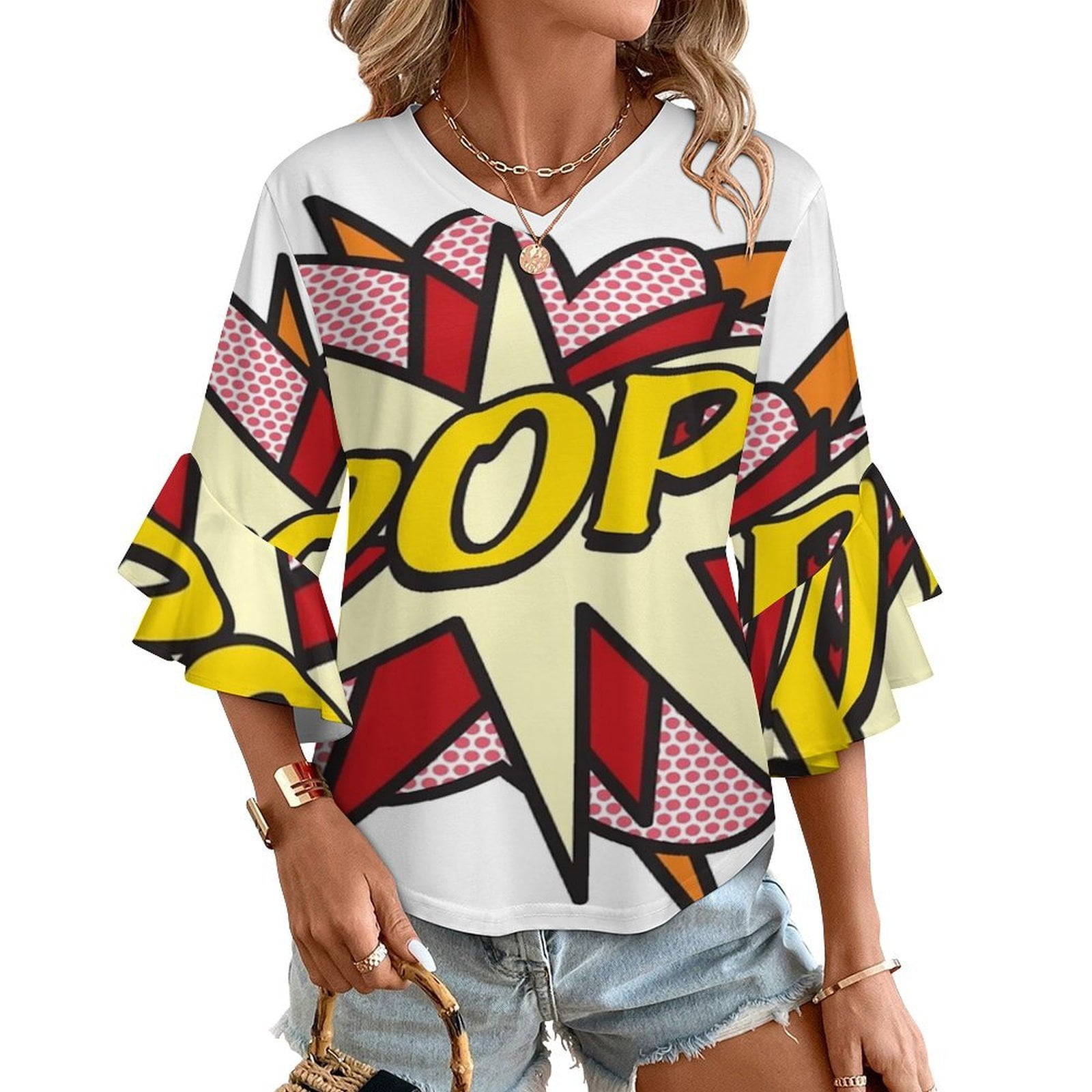 POP Comic Book Pop Art Flash Cool Graphic Women's V-Neck Blouse With 3/ ...