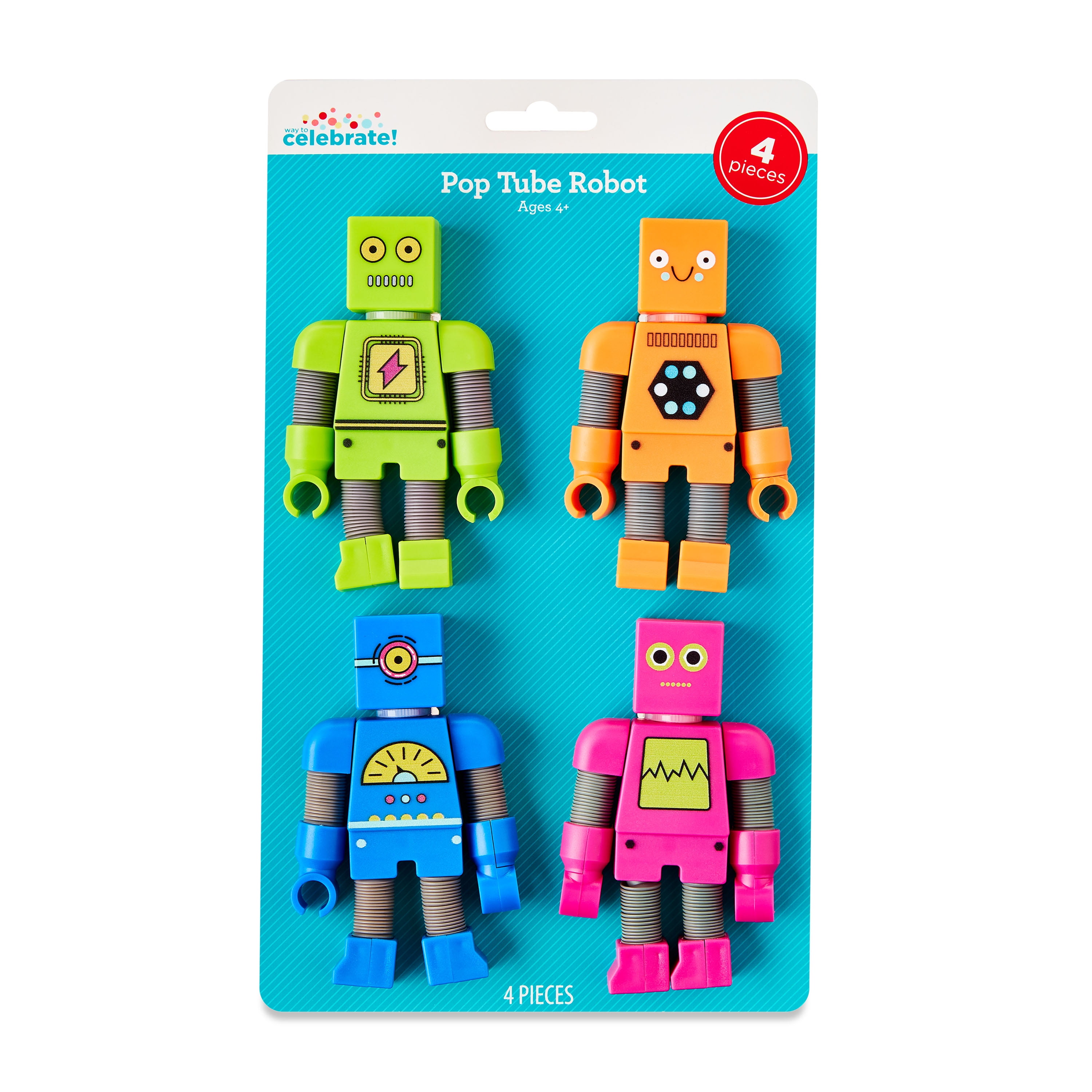 Way To Celebrate Multicolor Pop Tube Robots 4 Count Party Favors with ...