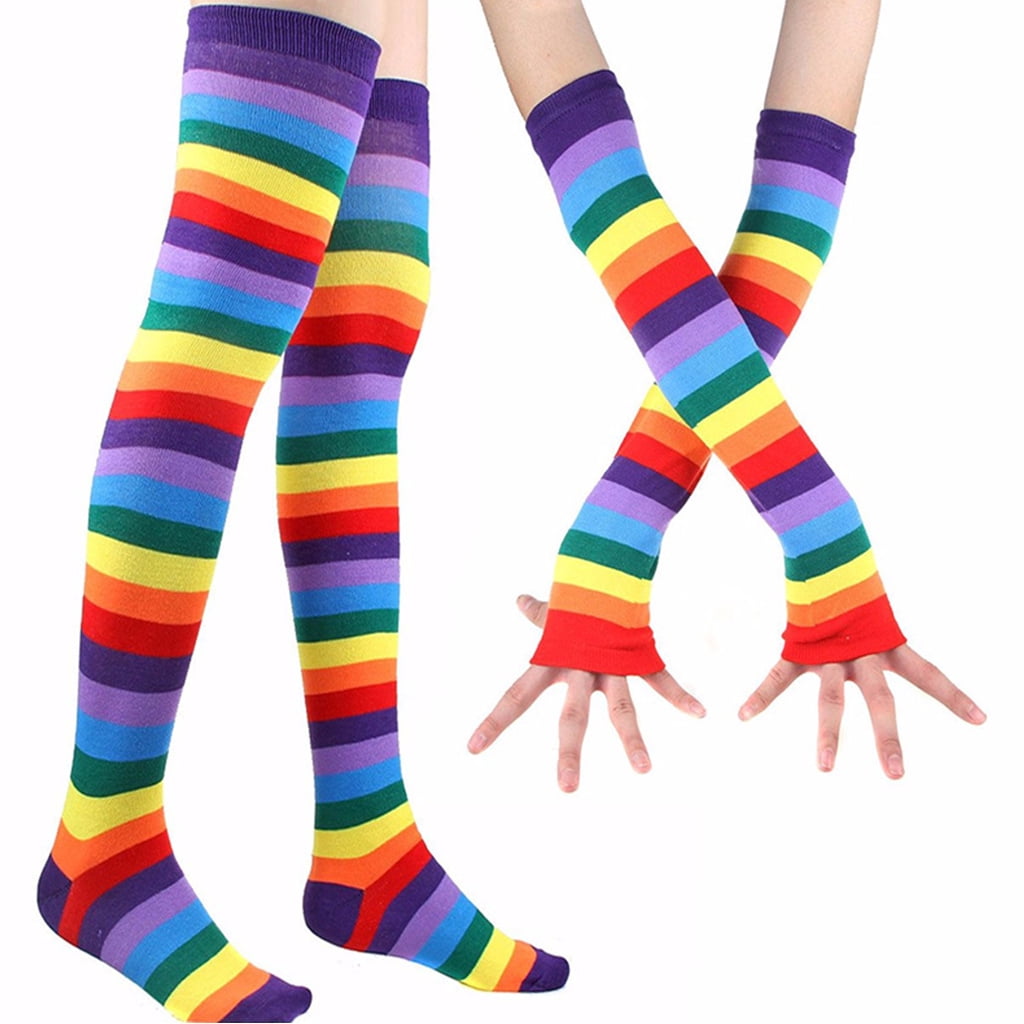 POPLIS Striped Socks Women Over Knee Thigh High Socks Gloves Rainbow ...