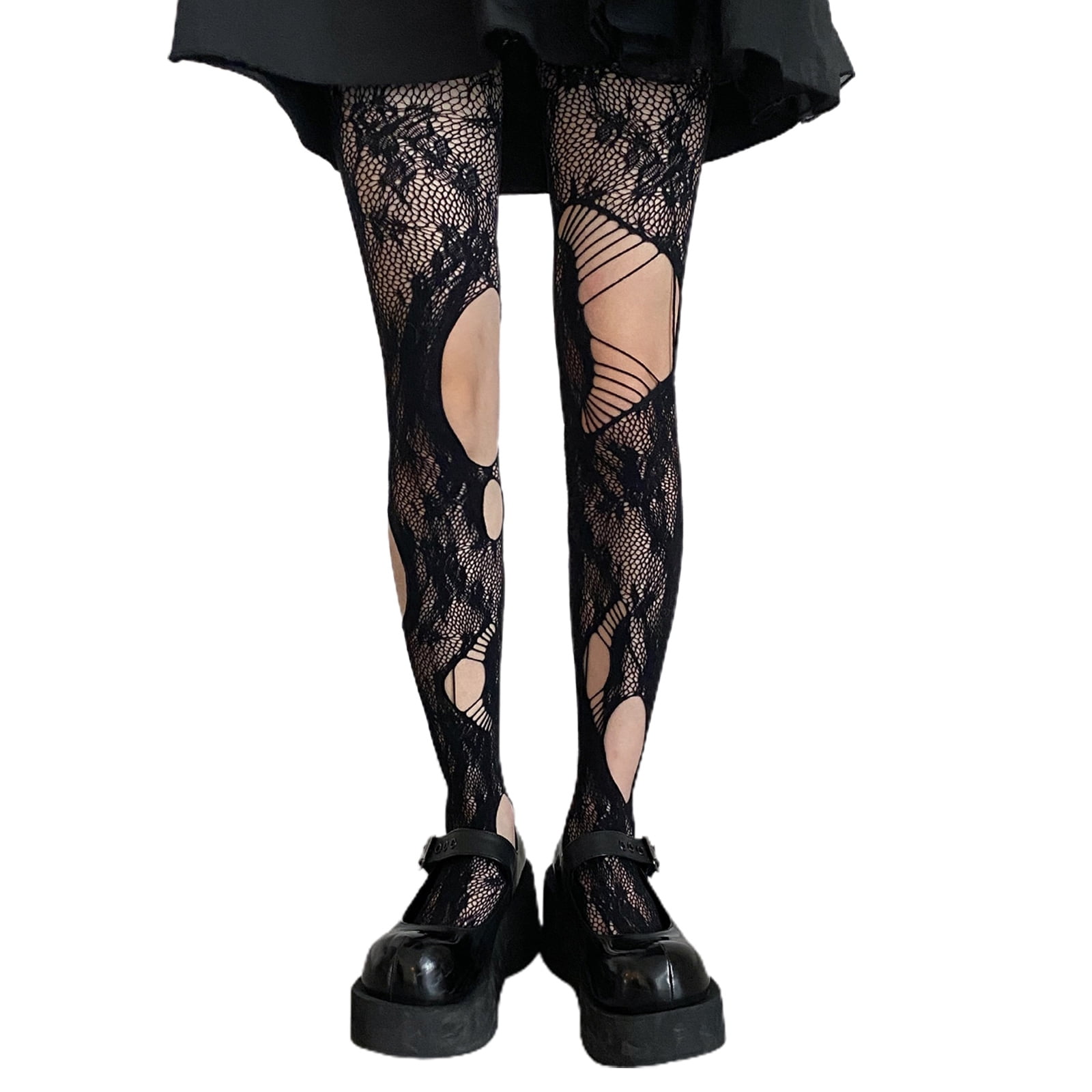 POPLIS Women Dark Gothic Punk Fishnet Pantyhose Irregular Ripped Holes ...