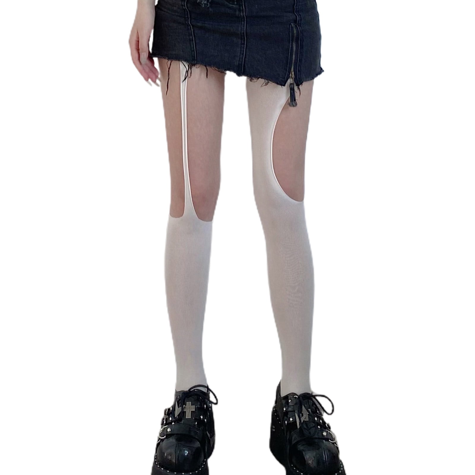 POPLIS Women Gothic Punk Asymmetrical Pantyhose Solid Color Hollow Out ...